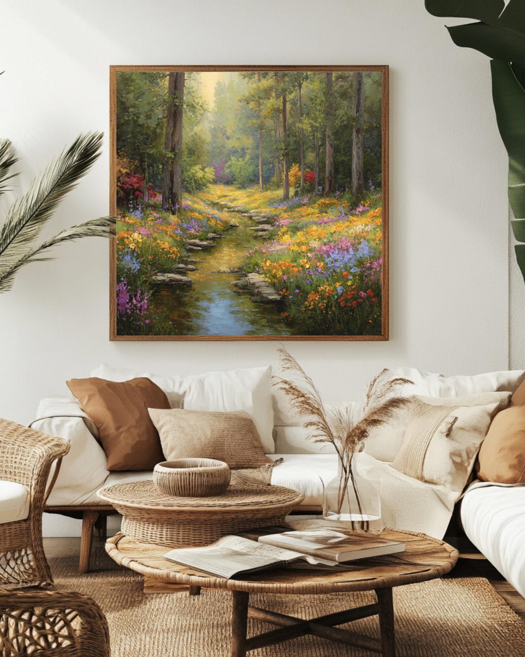 Enchanted Spring Meadow Landscape Canvas Print | Stream & Wildflower ...