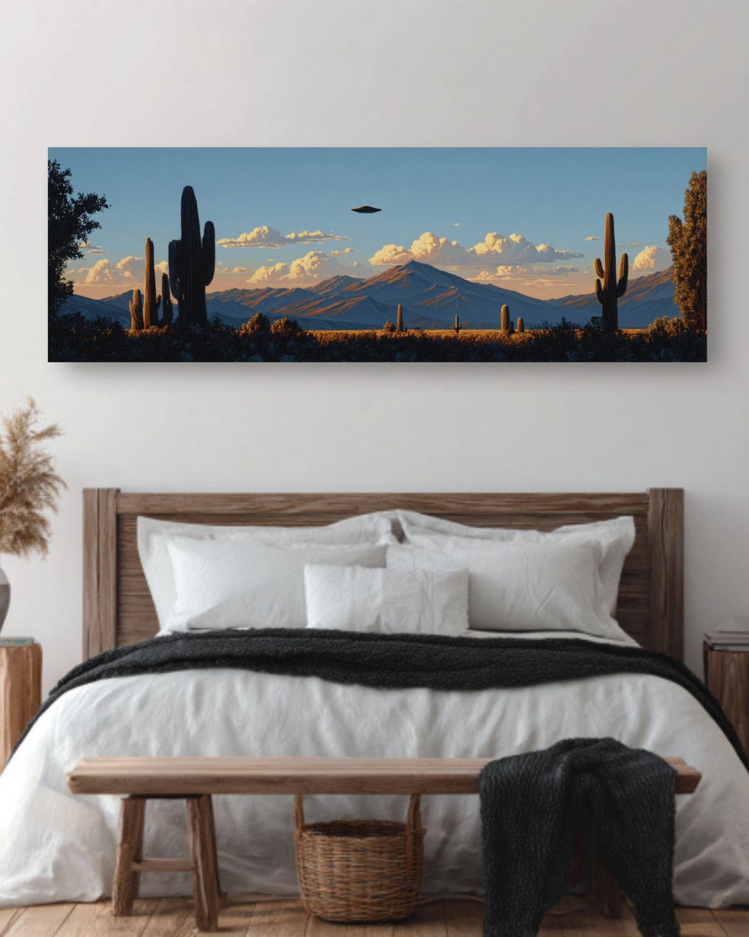 Alien Sunset Landscape Art – Sci-fi Cacti & Mountains With UFO, Golden ...