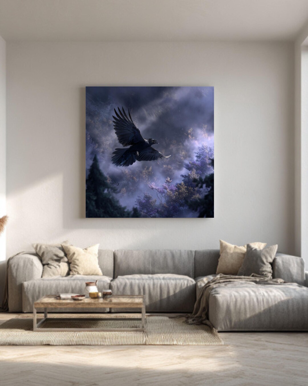 Mystical Raven Flying Canvas - Dark Forest Fog, Gothic Fantasy, Purple ...