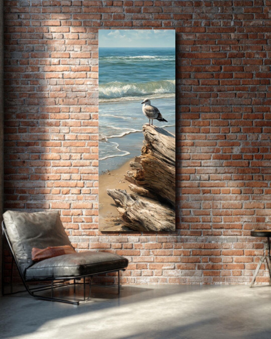 Driftwood Seagull Canvas - Ocean Waves Beach, Rustic Coastal, Nautical ...