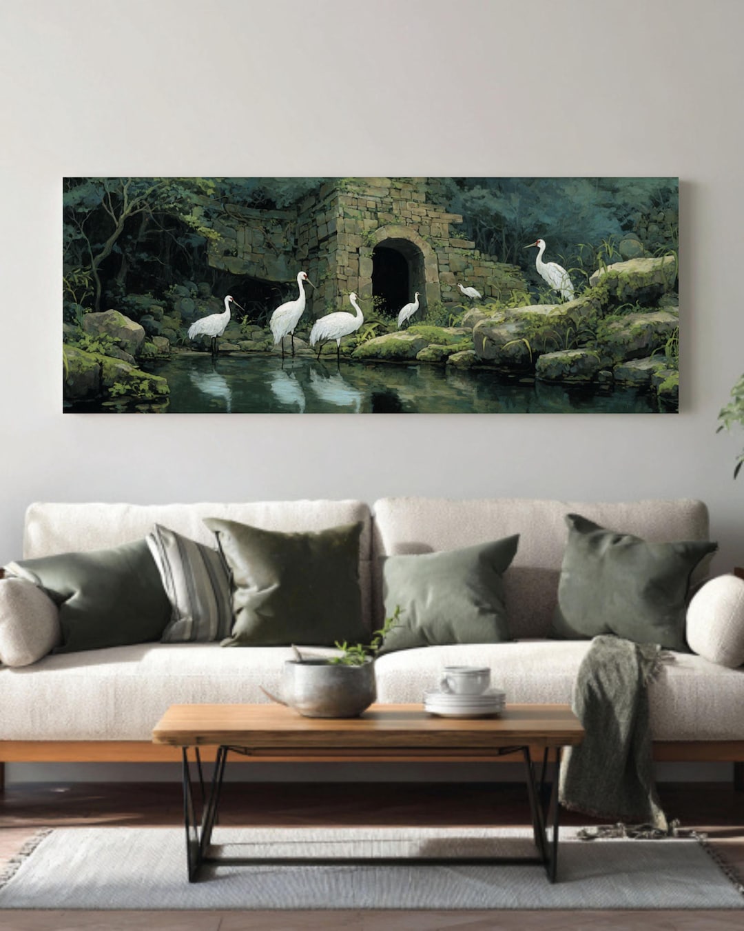 White Cranes – Hokusai-inspired Ancient Ruins by Stream, Traditional ...