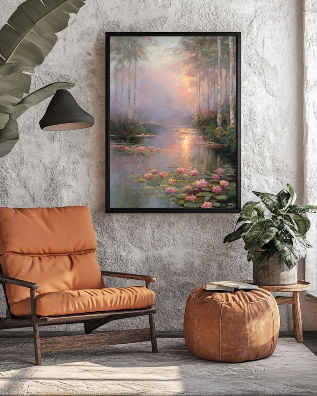 Pink Sunset Lake Canvas Print, Birch Forest, Lotus Flowers, Framed Wall ...