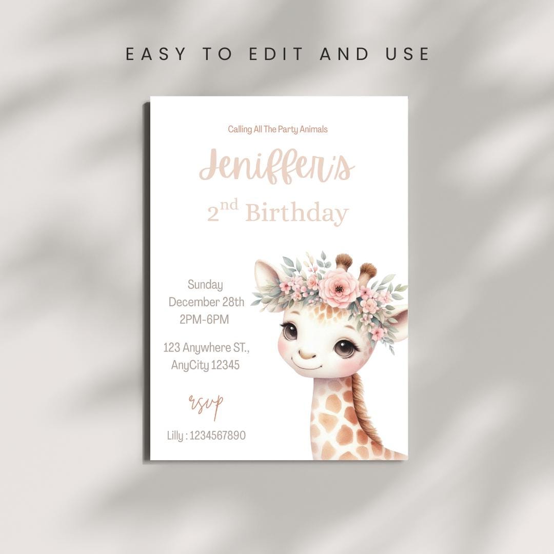 Editable Giraffe Birthday Invitation | Pink Girly Party Invite ...