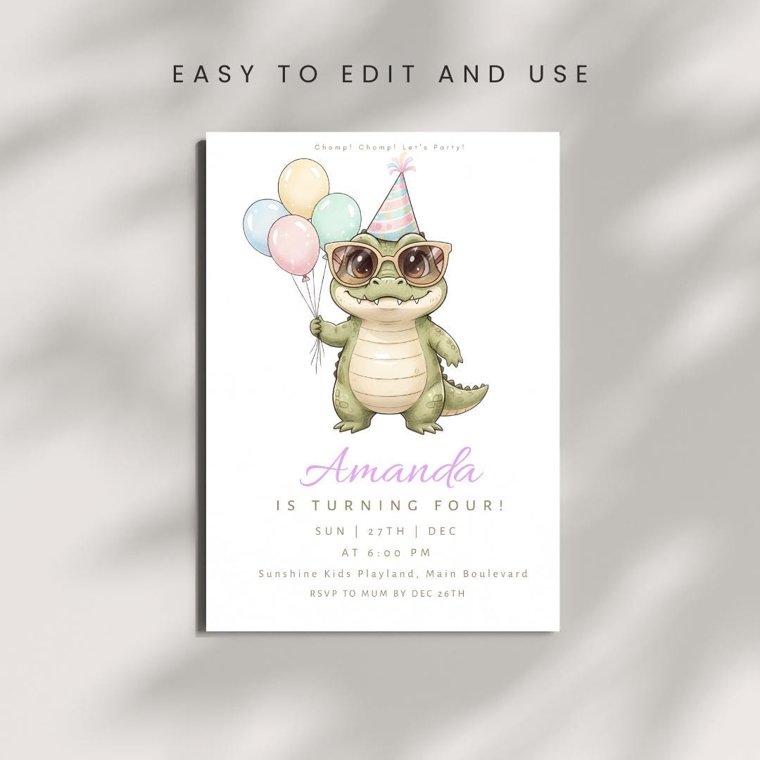 Cool Crocodile Birthday Invitation | Kids Party Invite | Canva Editable ...