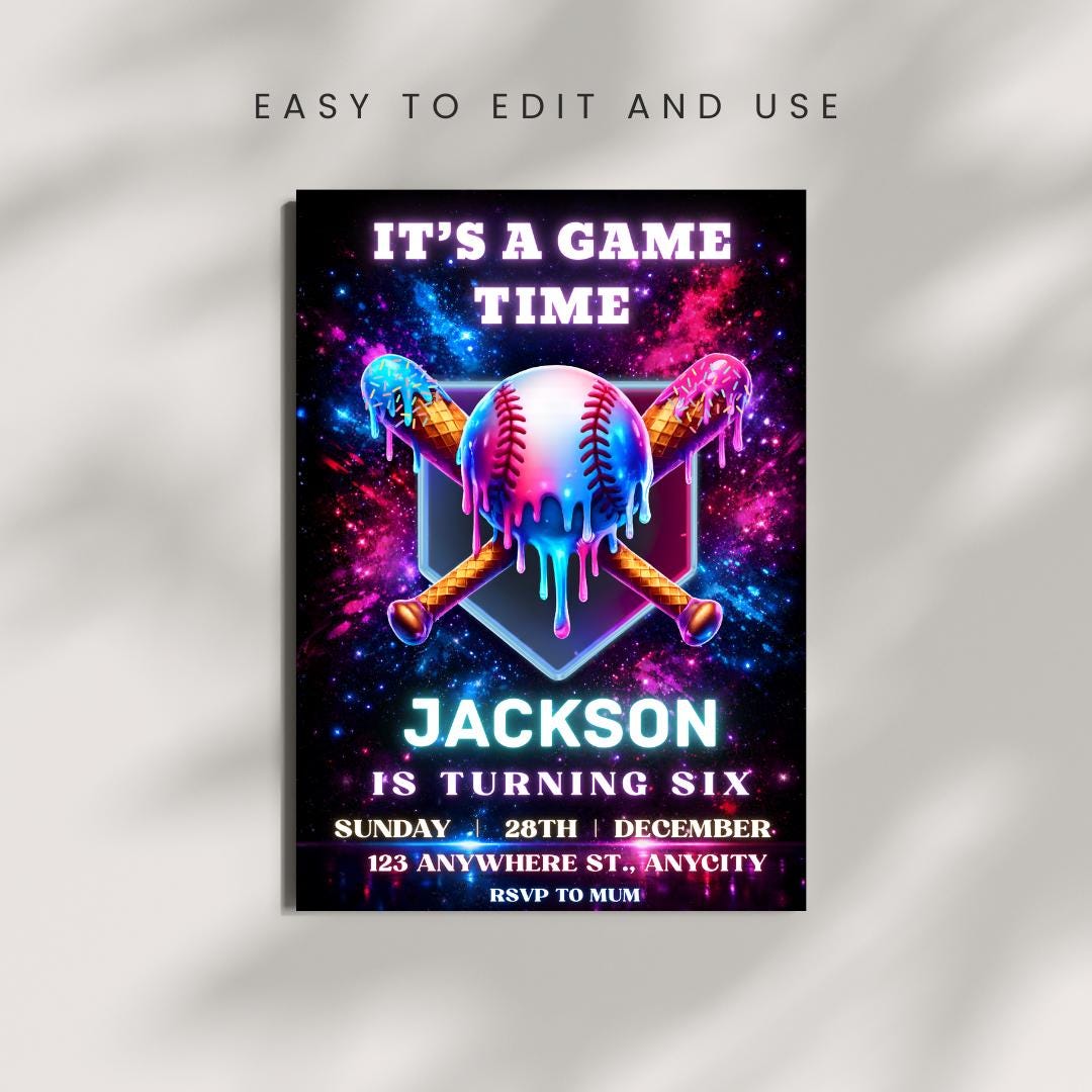 Editable Baseball Ice Cream Drip Birthday Invitation | Boys Neon ...
