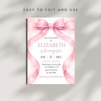 Editable Simple Pink Bow Invitation Template Birthday Invitation Cute ...