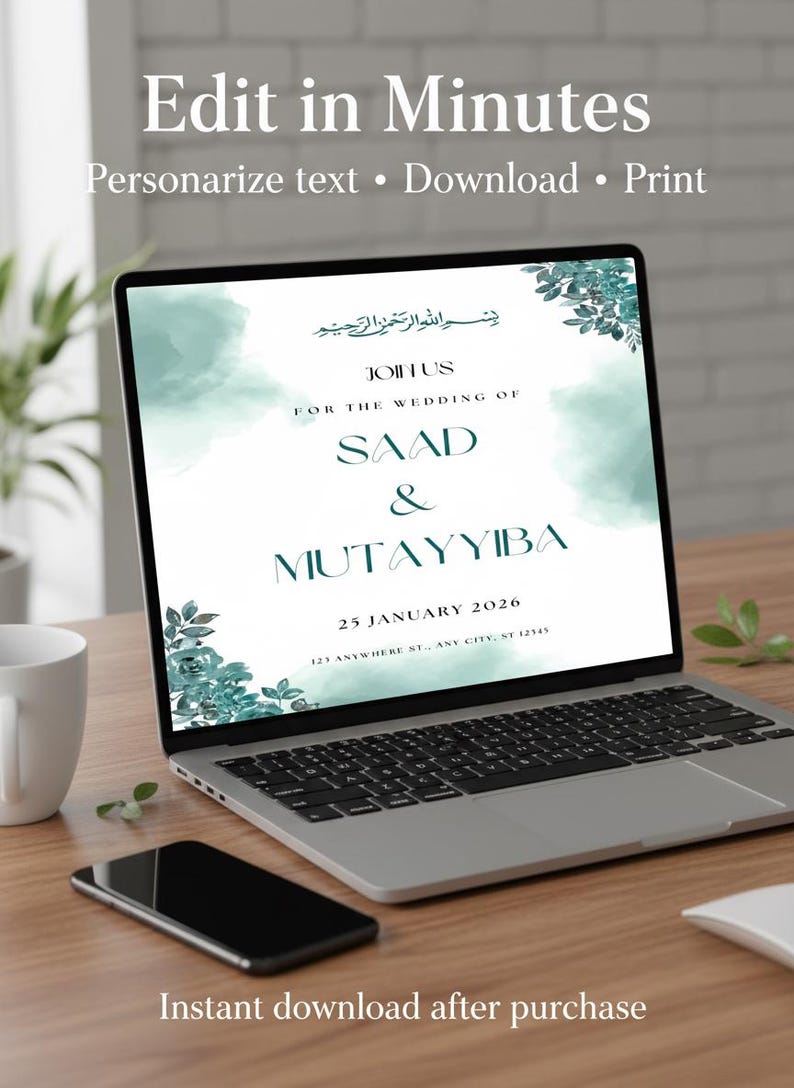 Editable Minimalist Islamic Wedding Invitation Template, Modern Elegant ...