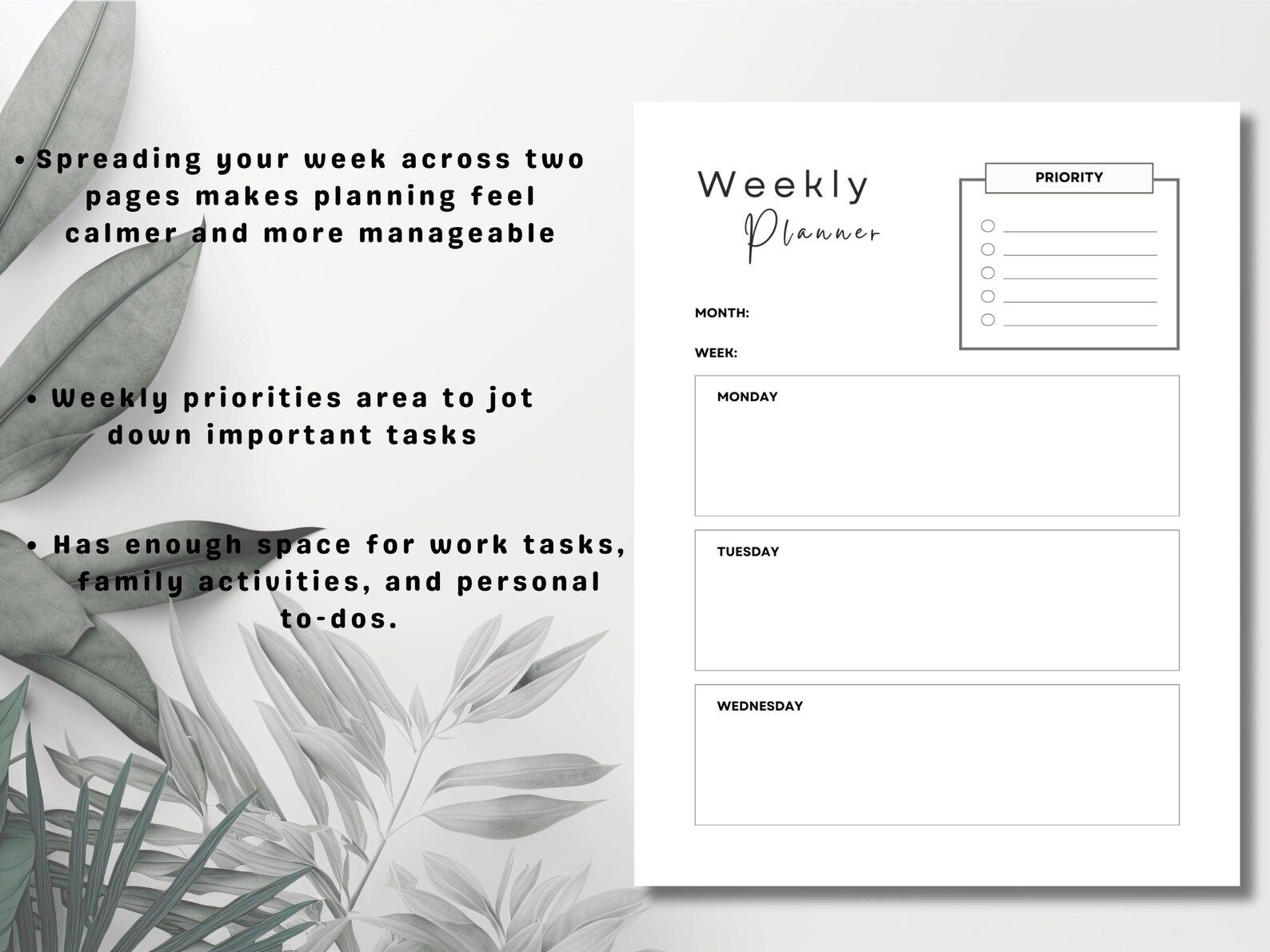 Two Page Weekly Planner Printable | Spacious Minimalist Layout ...