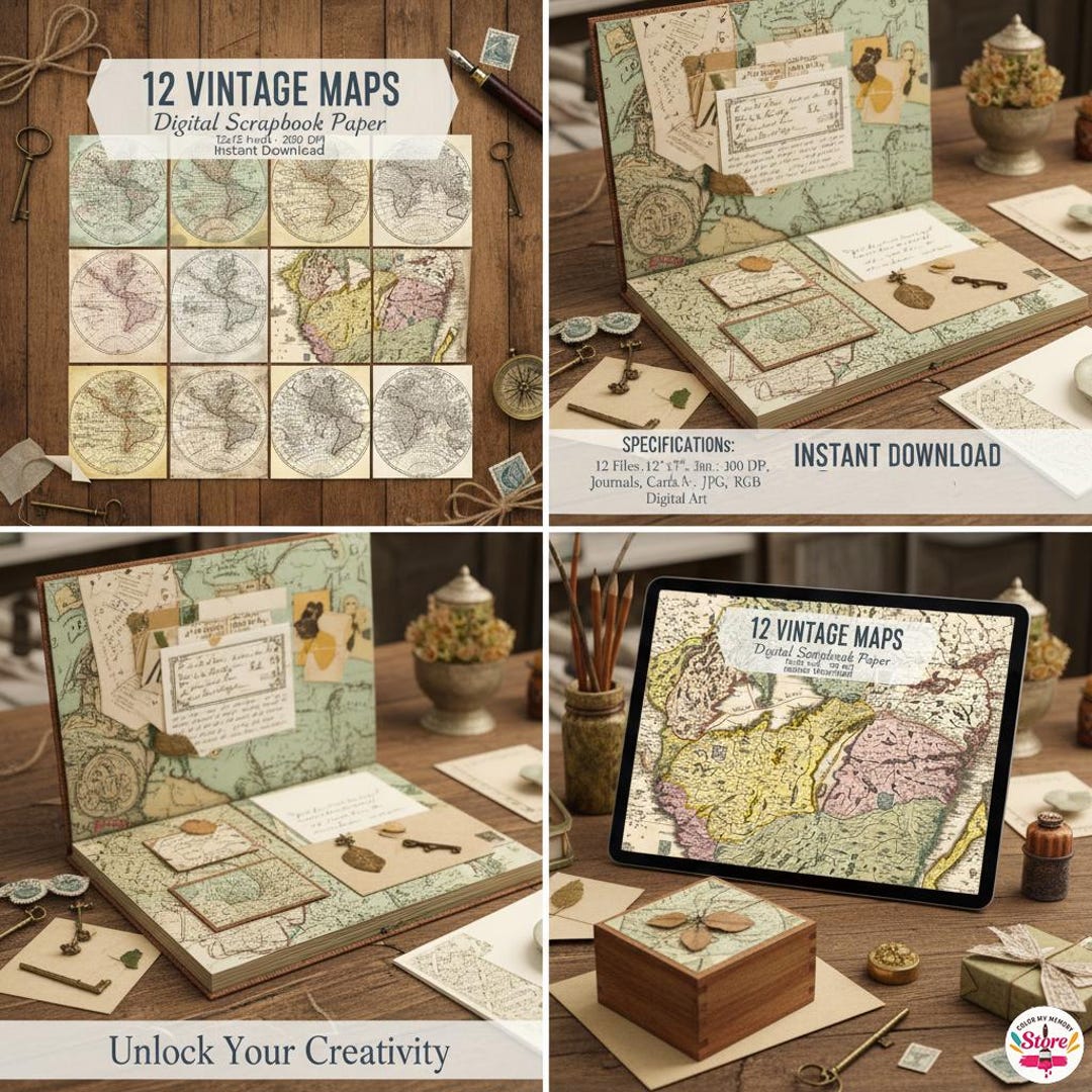 12 Vintage Maps, Digital Paper, High Resolution, Antique Map ...