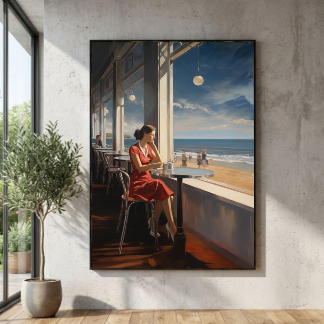 Edward Hopper Style Canvas Print, Woman in Red Dress, Beach Cafe Art ...