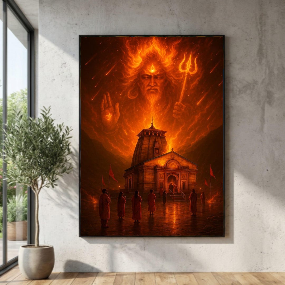 Brahma Canvas Art, Fiery Hindu Temple Scene, Spiritual Wall Decor ...