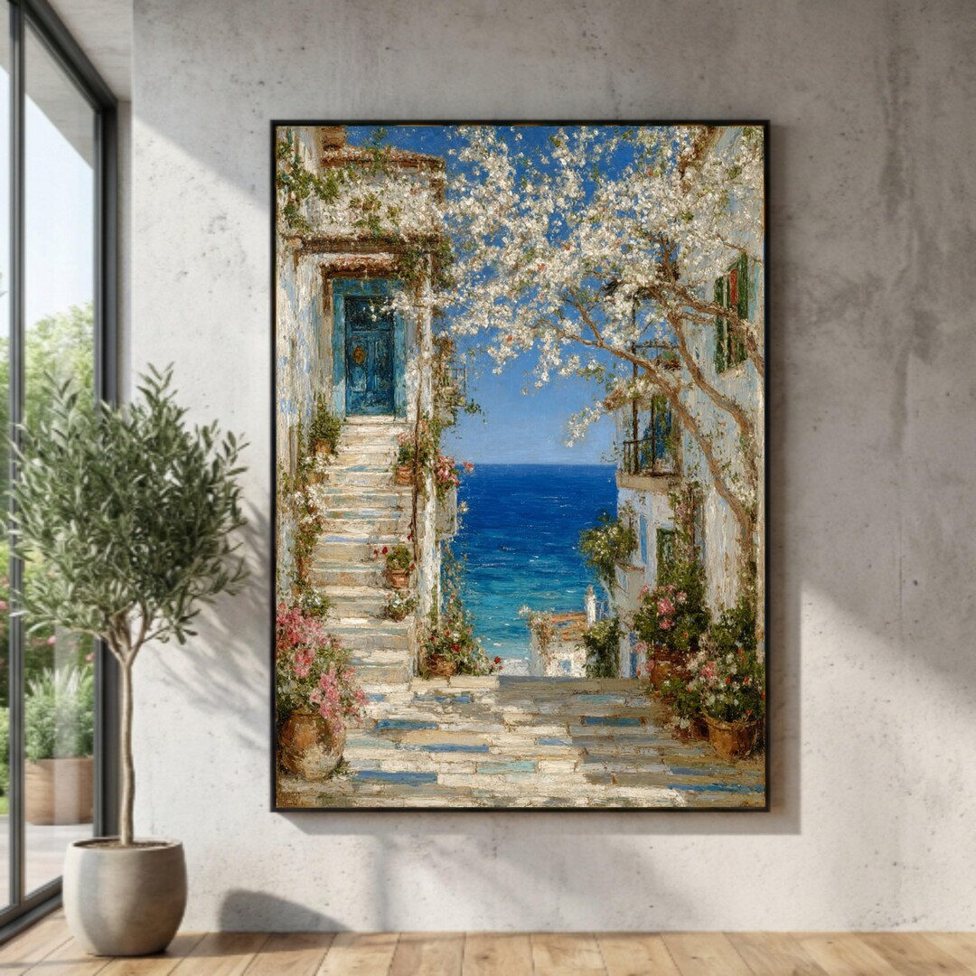 Mediterranean Seaside Canvas Art, Floral Coastal View, Large Canvas ...