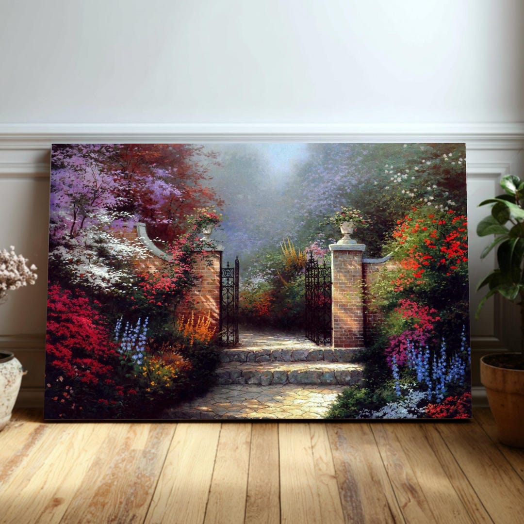Thomas Kinkade Garden Gate Canvas, Floral Pathway Wall Art, Lush ...