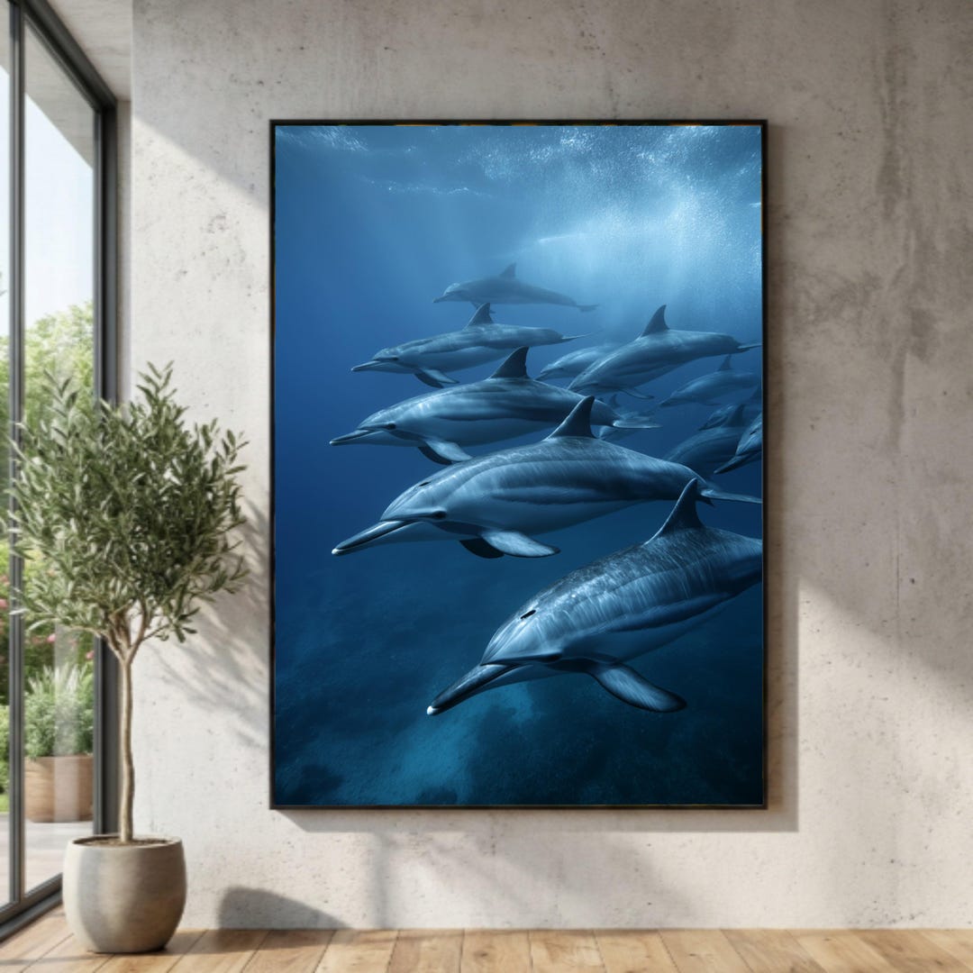 Dolphin Pod Canvas Print, Underwater Ocean Art, Nautical Decor, Large ...