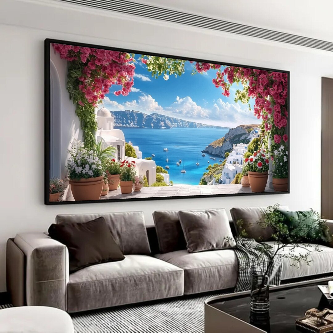 Santorini Balcony Canvas Print, Mediterranean Seaside View, Floral ...