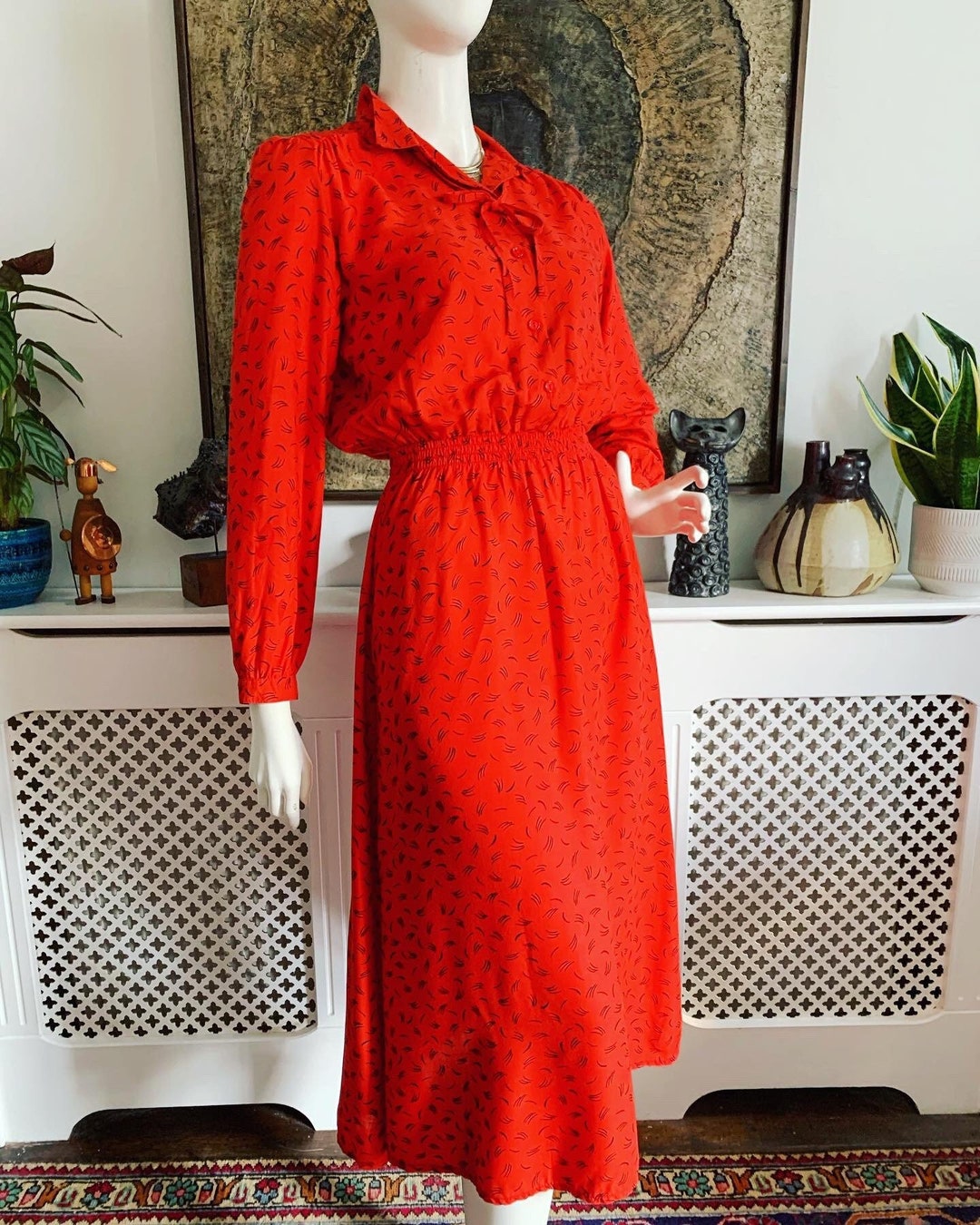 Vintage 70s 80s Lipstick Red Secretary Dress // Abstract Deco Inspired ...