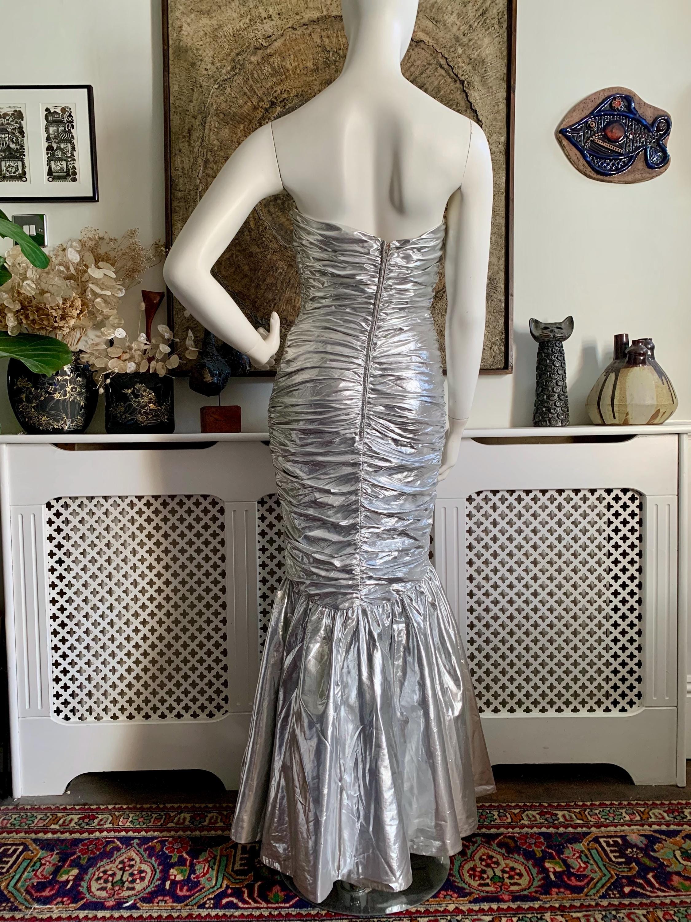Vintage 1980s Gold Metallic Foil Strapless Prom Party Evening Dress ...