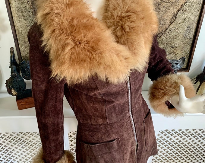 Vintage 70’s Suede Fitted Jacket W Huge Fluffy Sheepskin Collar and ...
