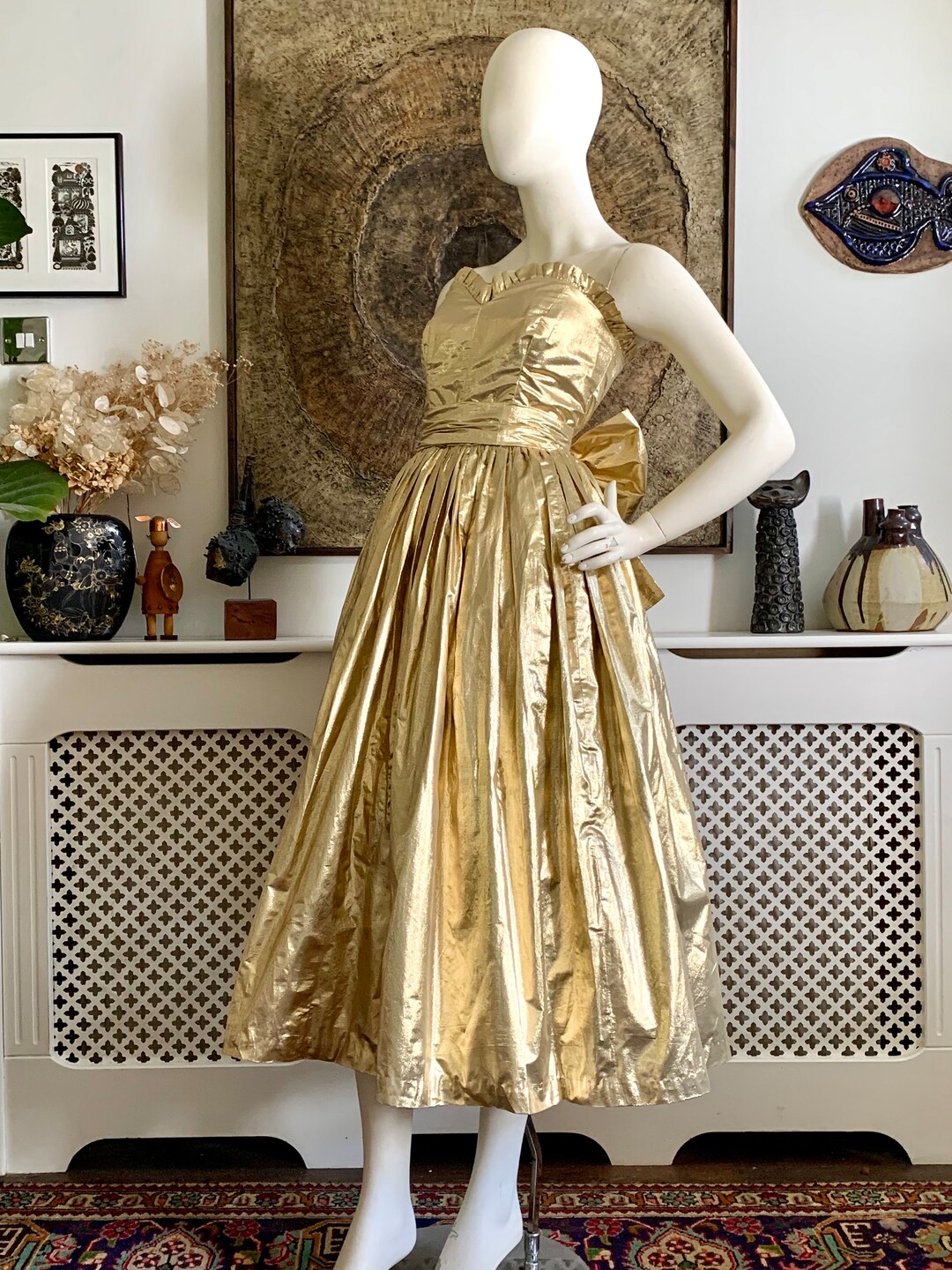 Vintage 1980s Gold Metallic Foil Strapless Prom Party Evening Dress ...