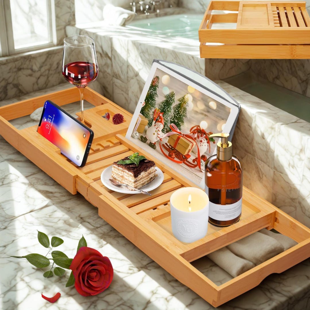 Bamboo Bathtub Caddy – Extendable Bath Tray With Wine & Book Holder - Etsy