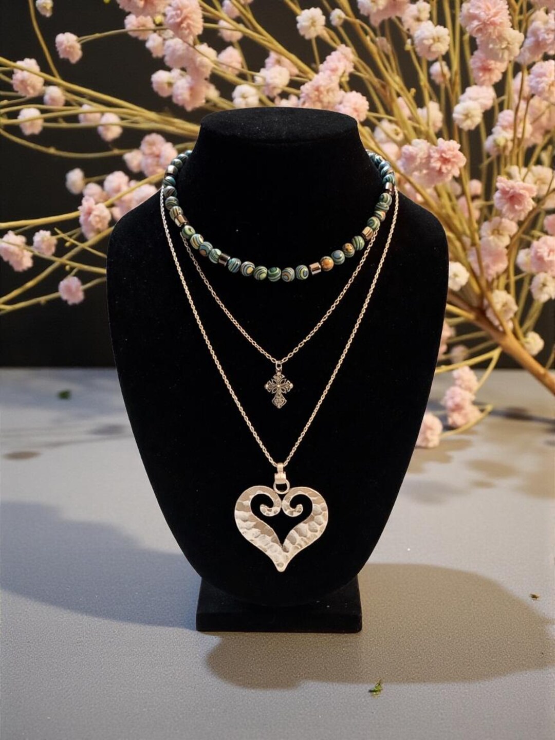Blue Malachite Layered Necklace Set | Heart & Cross Pendants, Spiritual ...
