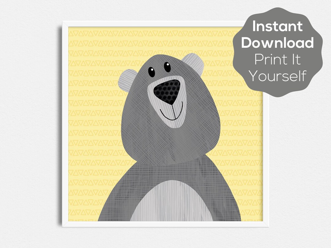 Happy Grey Bear on Yellow Printable Art Instant Download Print It ...