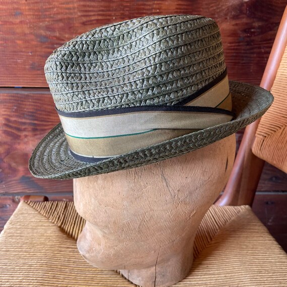 Rare! 60’s Olive Green Summer Straw Fedora. Surf Fash… - Gem