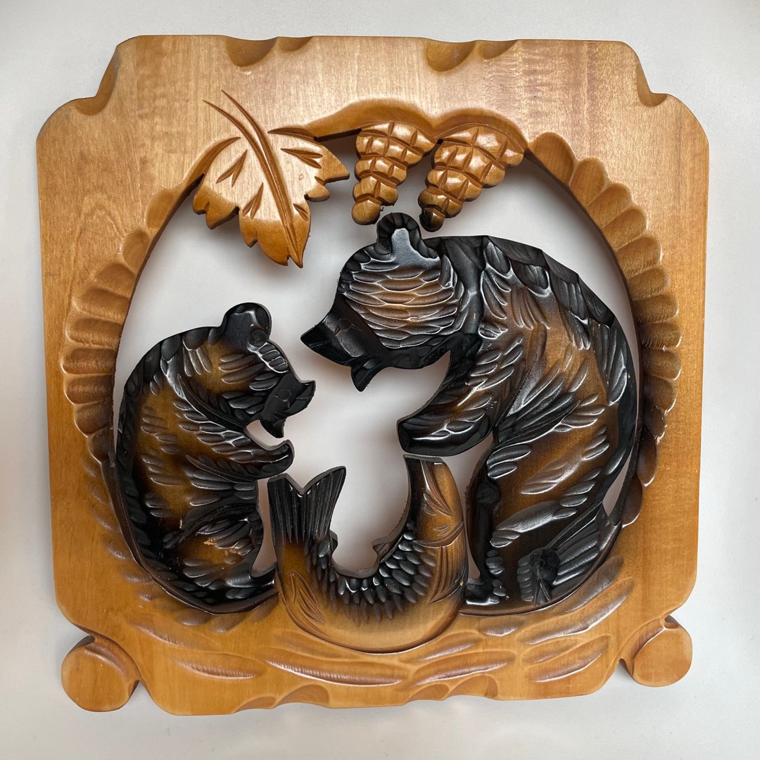 Vintage Japanese Kibori Kuma Mother and Cub Fishing Black Bear Carved ...