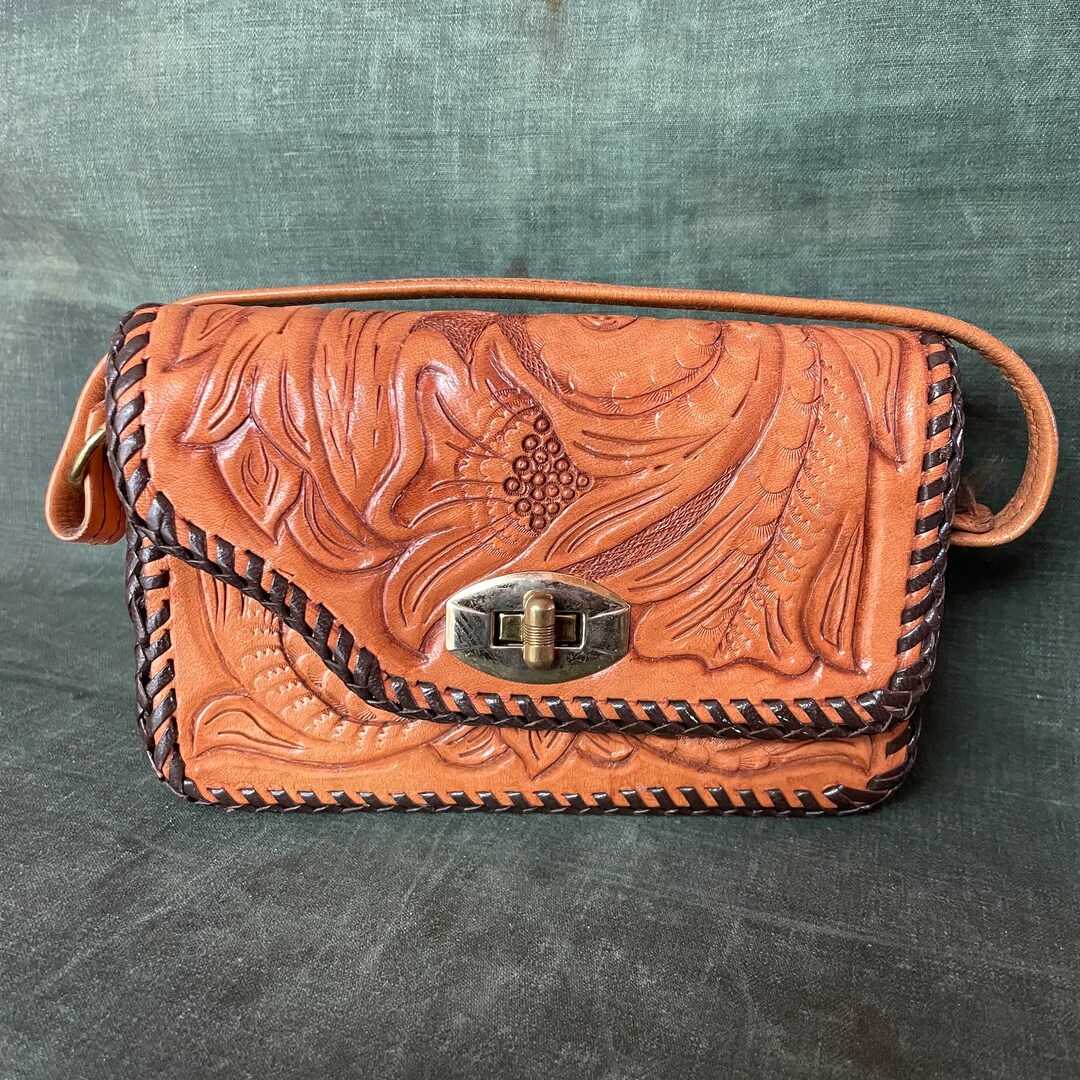 Vintage 50's Tooled Leather Top Handle Box Handbag, Clutch, Purse ...