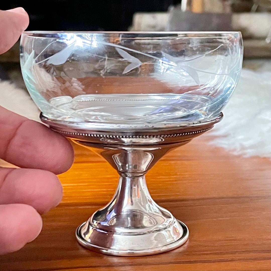 1930s Sterling Silver and Floral Etched Crystal Martini Glass, Sugar ...
