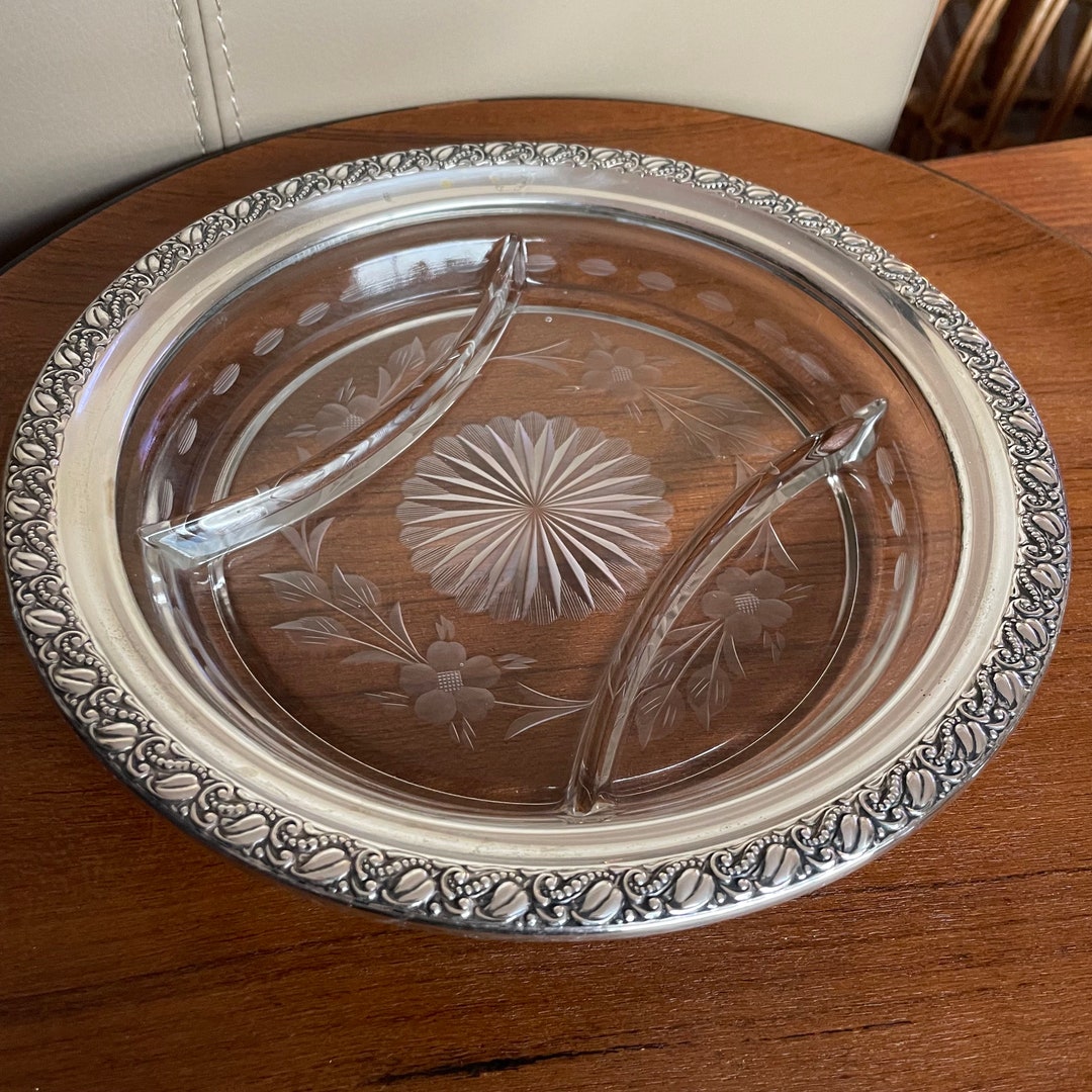 Antique Sterling Silver and Etched Crystal Divided Snack Dish by ...