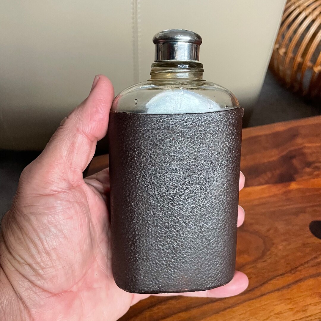 Antique Leather Wrapped Hip Flask: 1900's Glass & Chrome - Etsy
