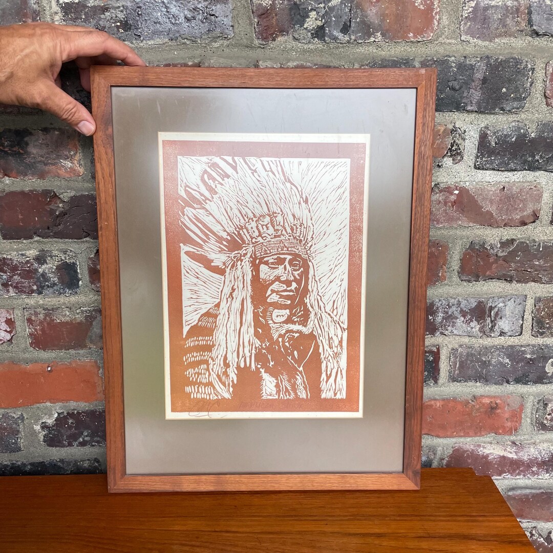 Vintage Sioux Chief Linocut Print: Native American Art, Walnut Frame ...