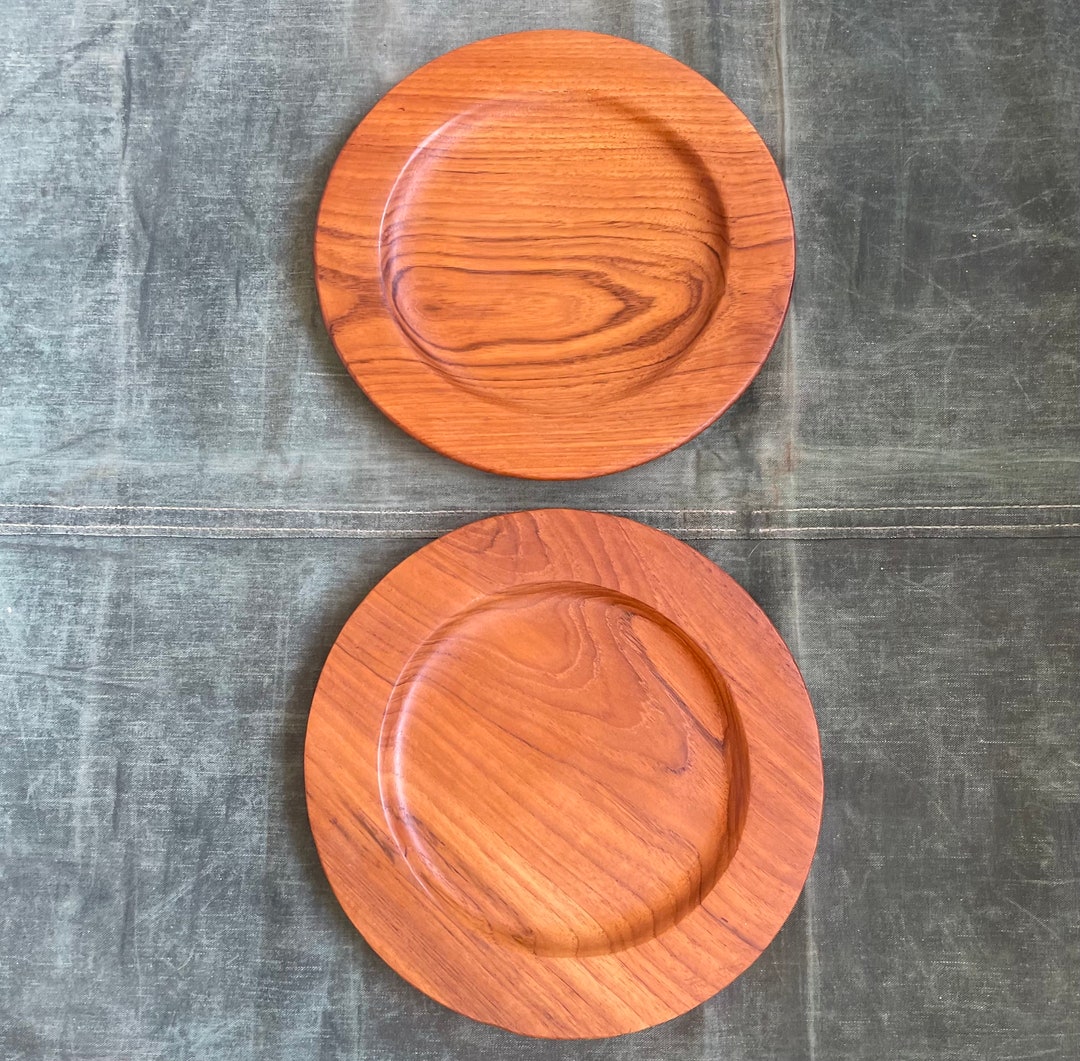 PAIR 10 Inch Solid Carved Teak Wood Dinner Charger Plates Vintage ...