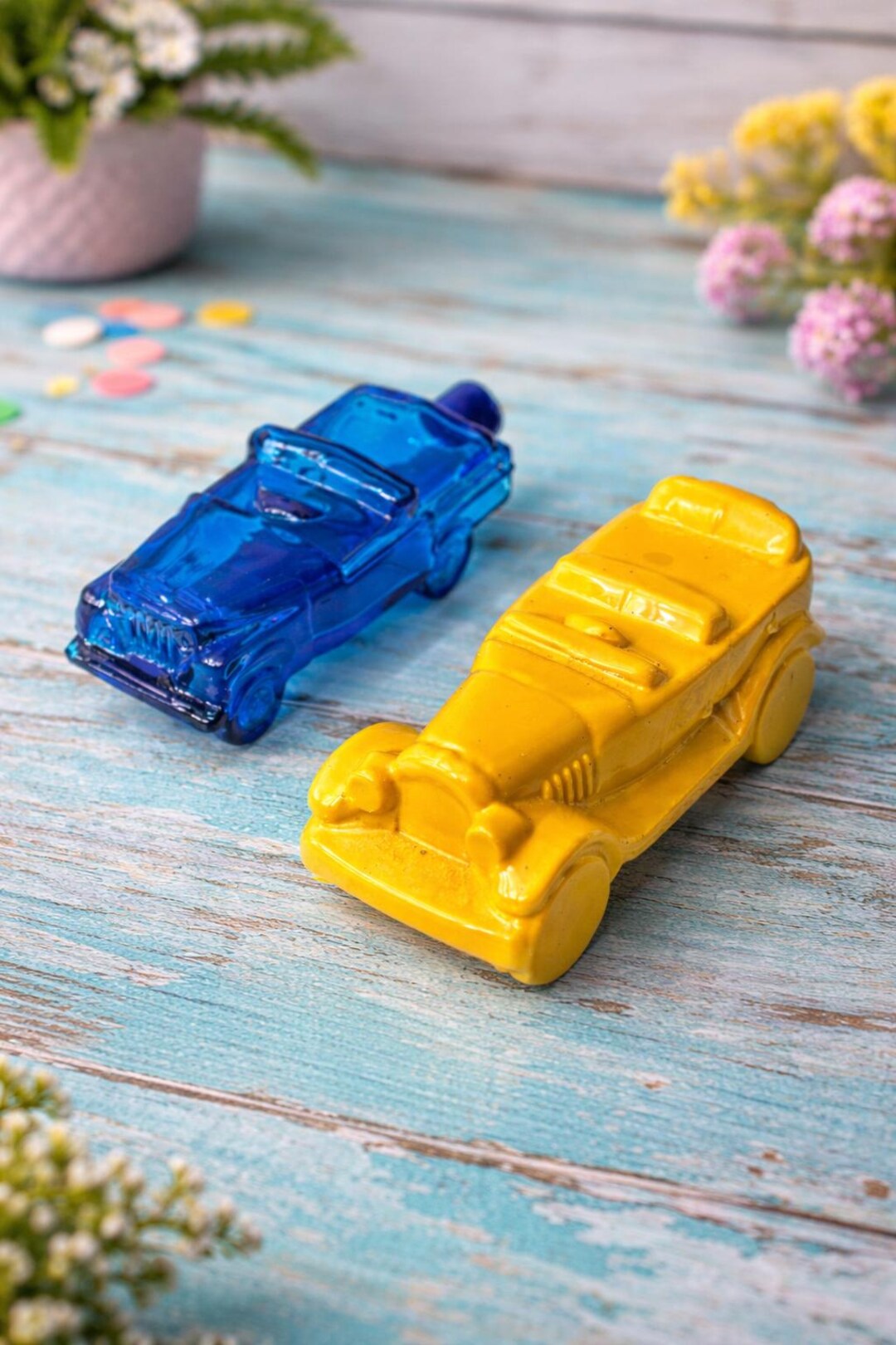 Vintage Avon Car Shaped Cologne Bottles – Blue & Yellow Plastic Retro ...