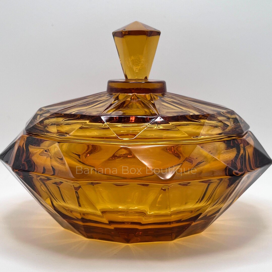 Viking Diamond Point Amber Glass Lidded Dish - Etsy