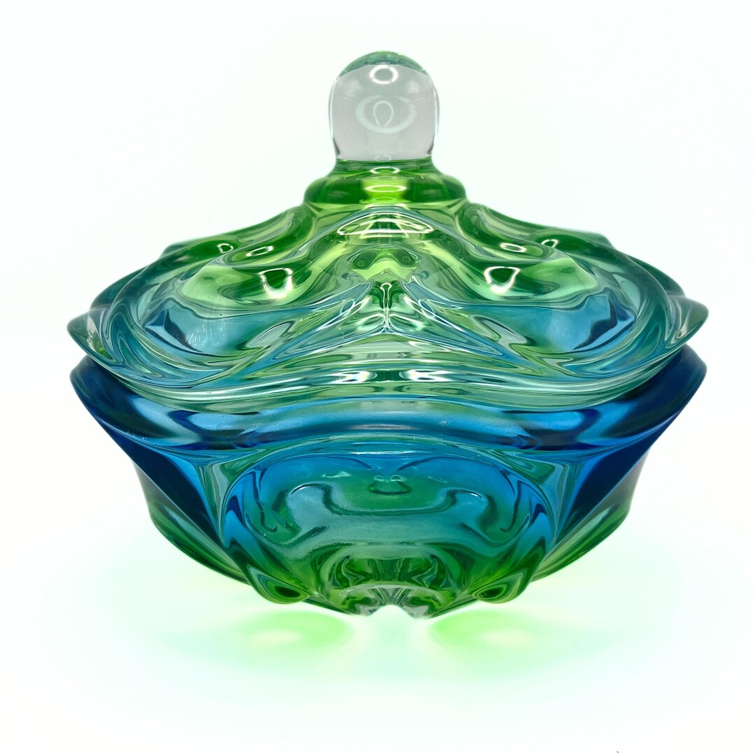 Blue Green Art Glass Lidded Candy Dish - Etsy