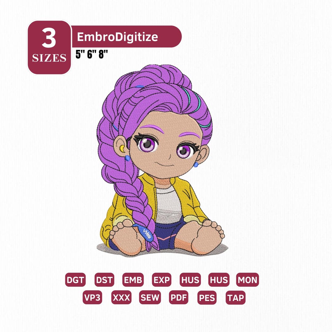 Chibi Girl Embroidery Design | Purple Hair Braid (digital Download) - Etsy