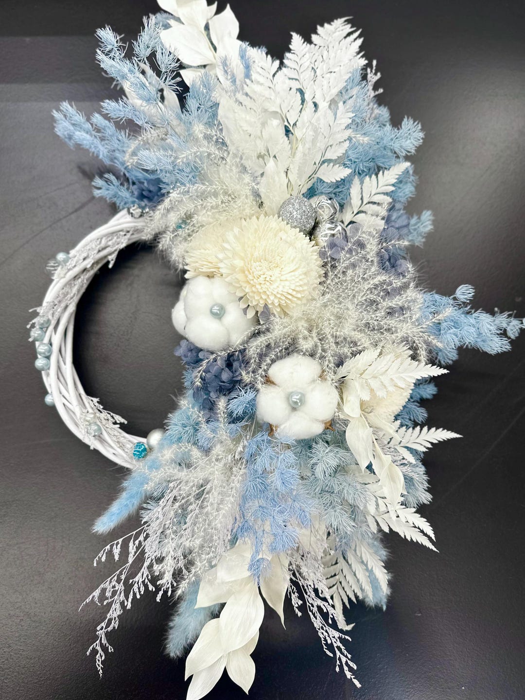 Luxury Winter Blue & White Christmas Wreath • Snowy Dried Flower Door ...
