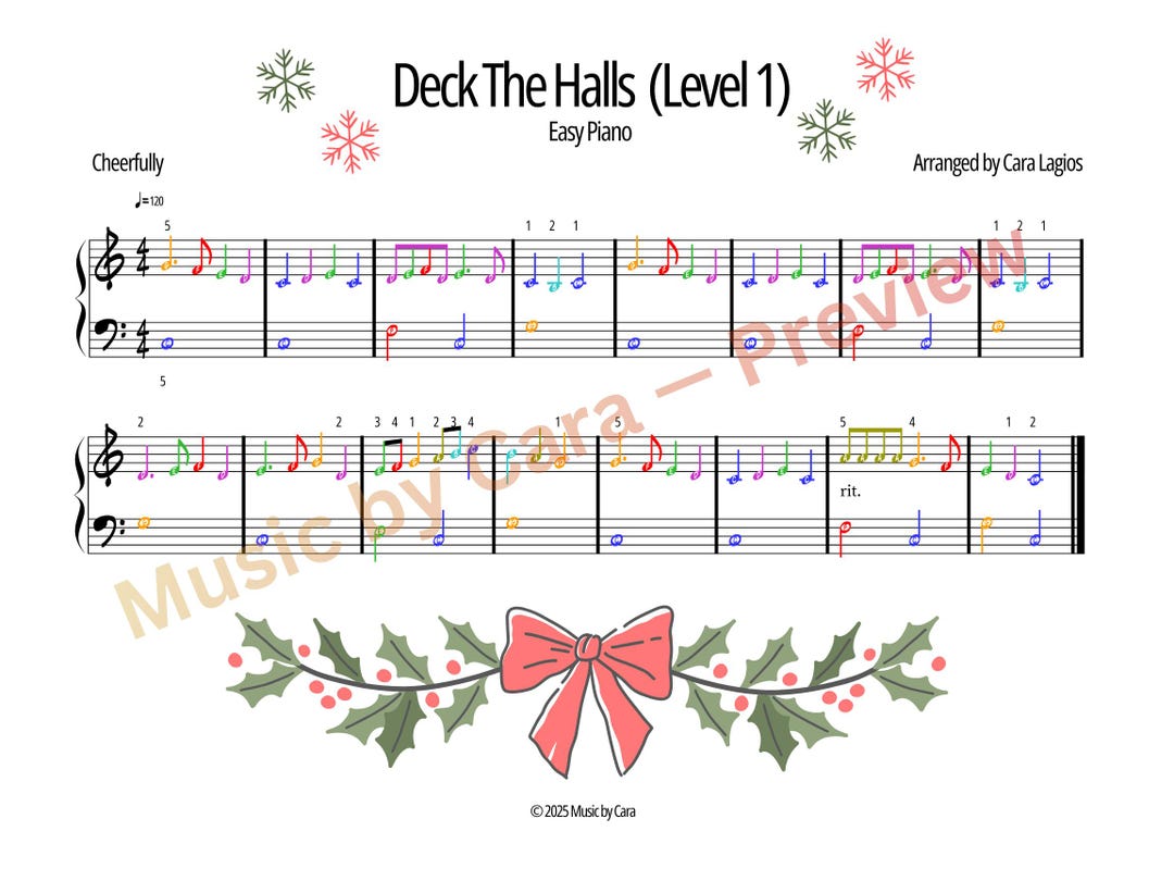 Deck the Halls – Level 1 (easy Piano Sheet Music) | Christmas Song ...