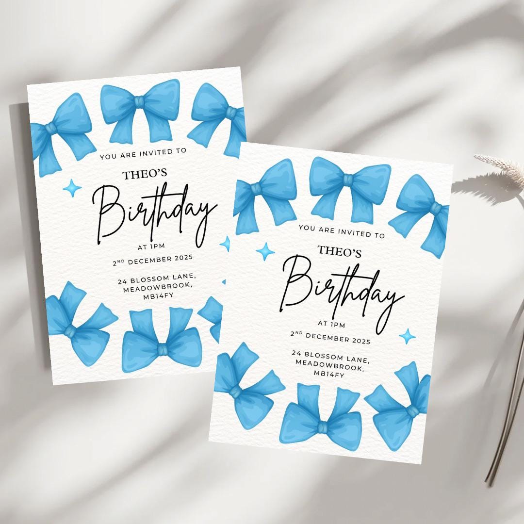Blue Bow Birthday Invitation | Printable Boy Birthday Invite | Editable ...