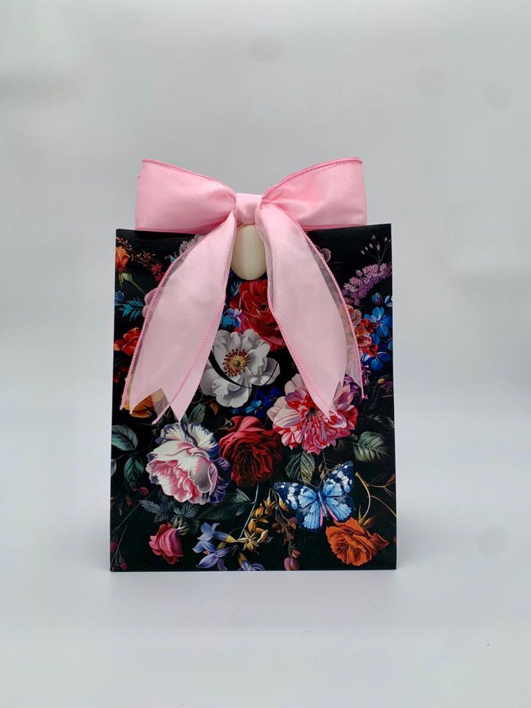 Gift Bag Set | Light Pink Satin & Sheer Bow | Pink Floral Gift Bag ...