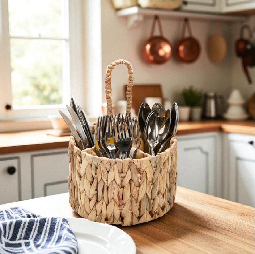 Rattan Utensil Storage Basket - Wicker Kitchen Organizer - Kitchen ...