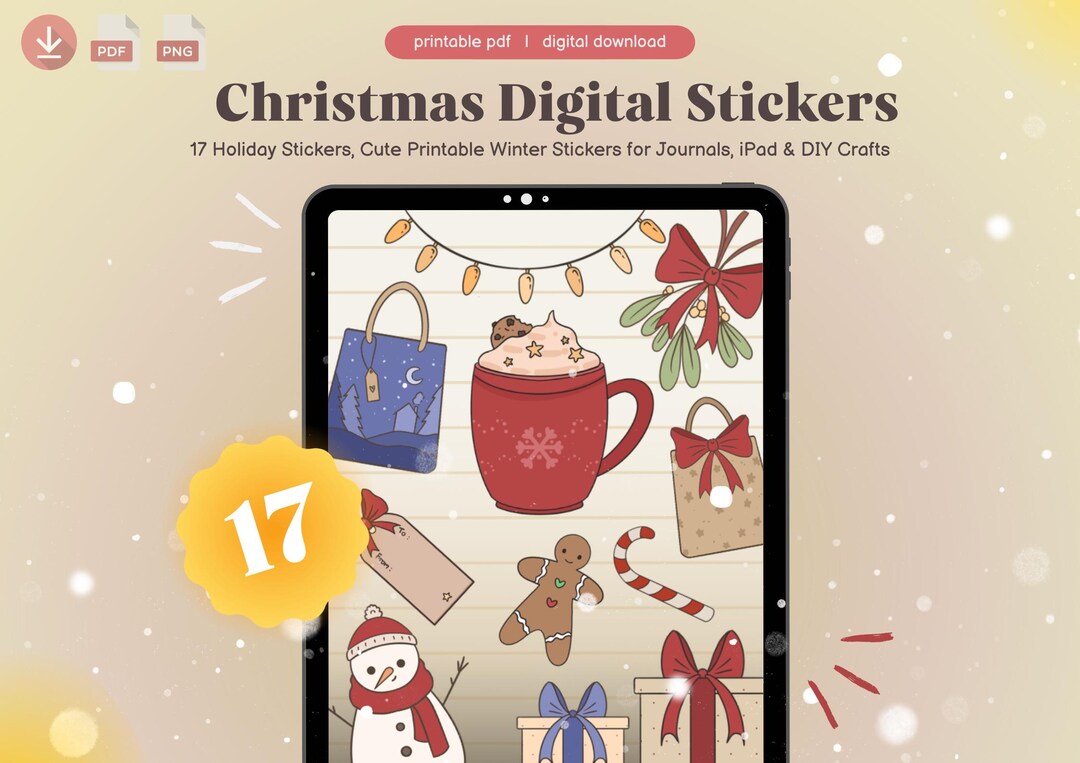 Christmas Digital Stickers Set - 17 Hand-drawn Holiday PNG Clipart ...
