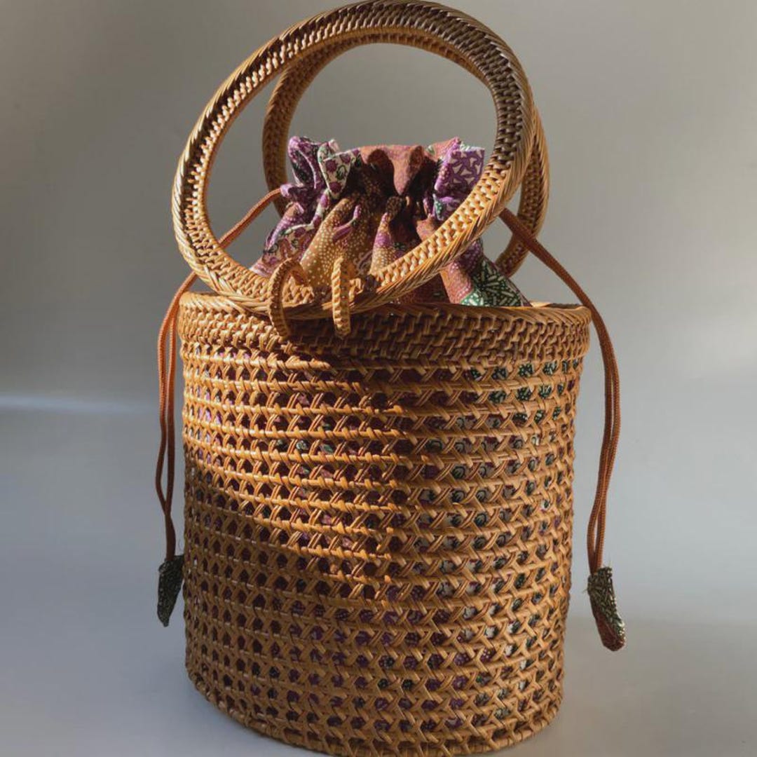 Authentic Bali Ata Rattan Bucket Bag - Handwoven Round Basket Bag With ...