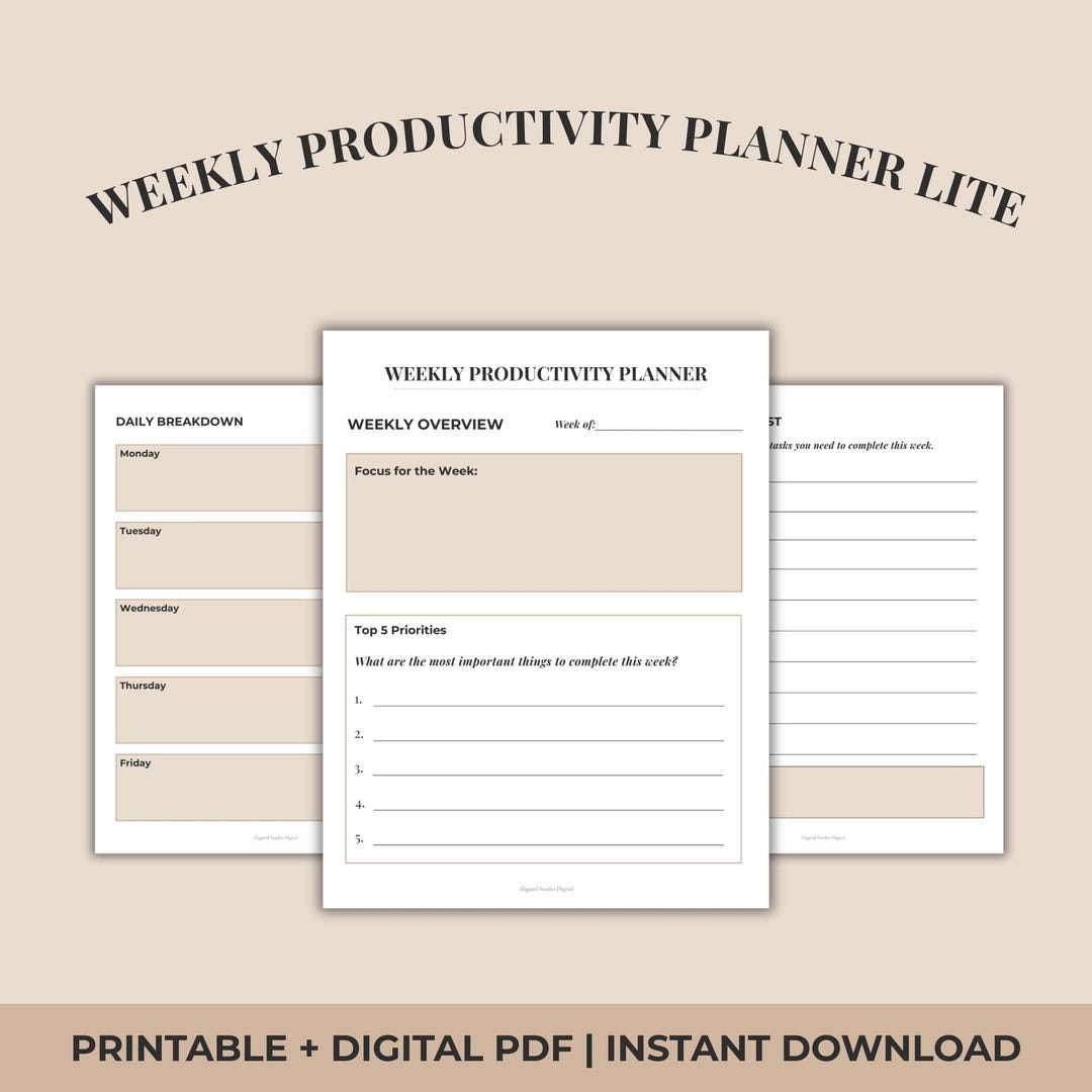 Weekly Productivity Planner Printable PDF | Minimalist Work Planner ...