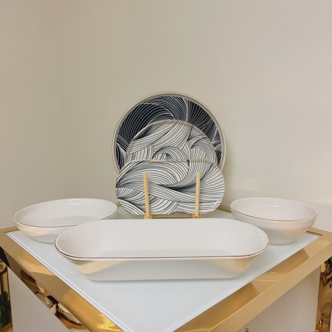 Set of 27 Turkish Porcelain Dinnerware Set, Modern Swirl Design Plates ...