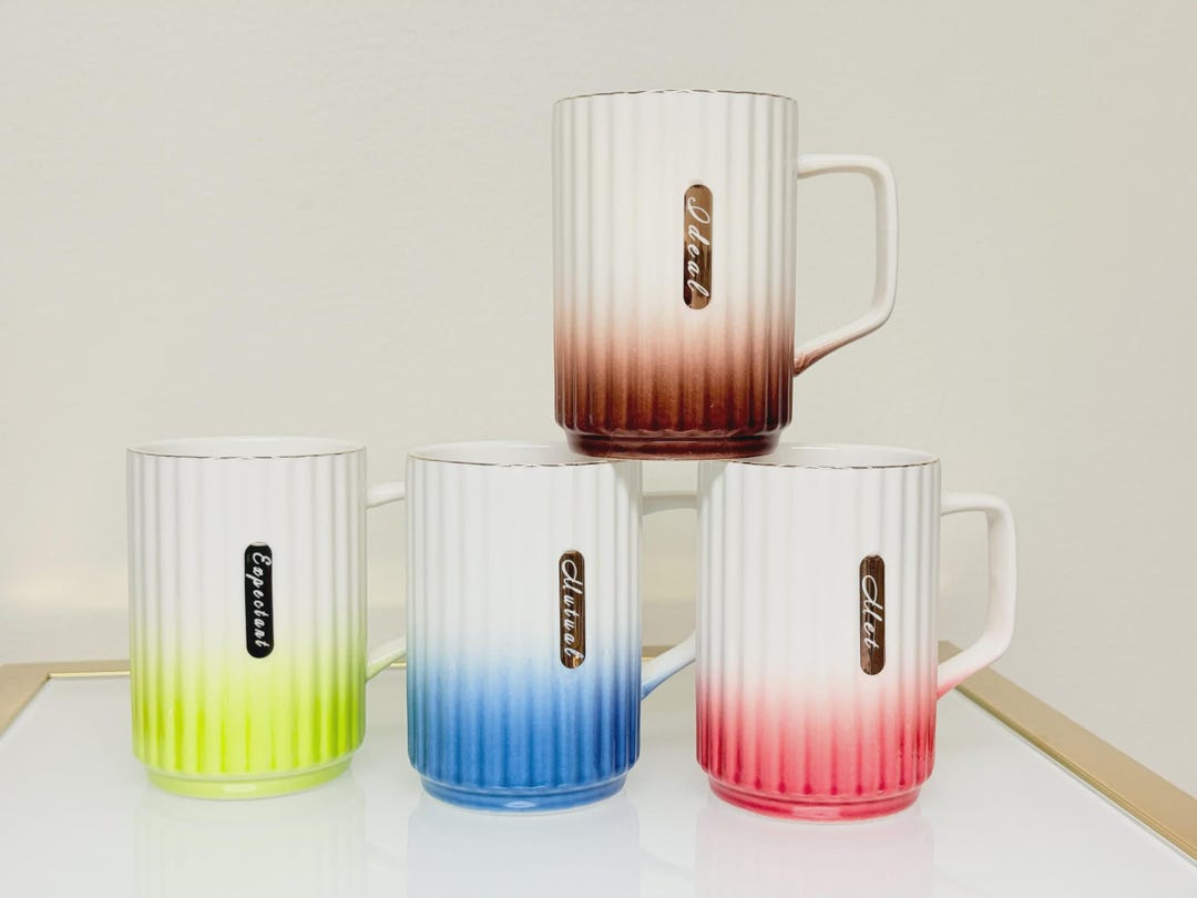 Set of 2 Ceramic Mug With Ombre Gradient - Ribbed Coffee and Tea Mug ...