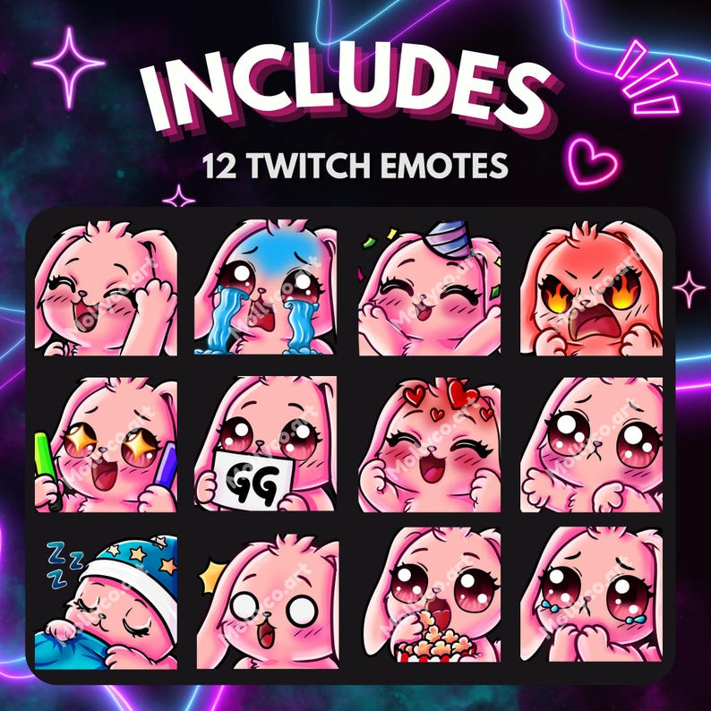 Pink Bunny Twitch Emotes | Cute Kawaii Rabbit Emote Pack | 12 Chibi ...