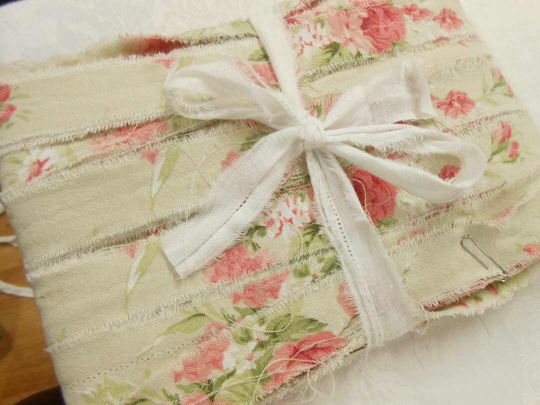 PINK ROSES Floral Fabric Rag Ribbon Artisan Shabby Cottage Chic Fiber ...